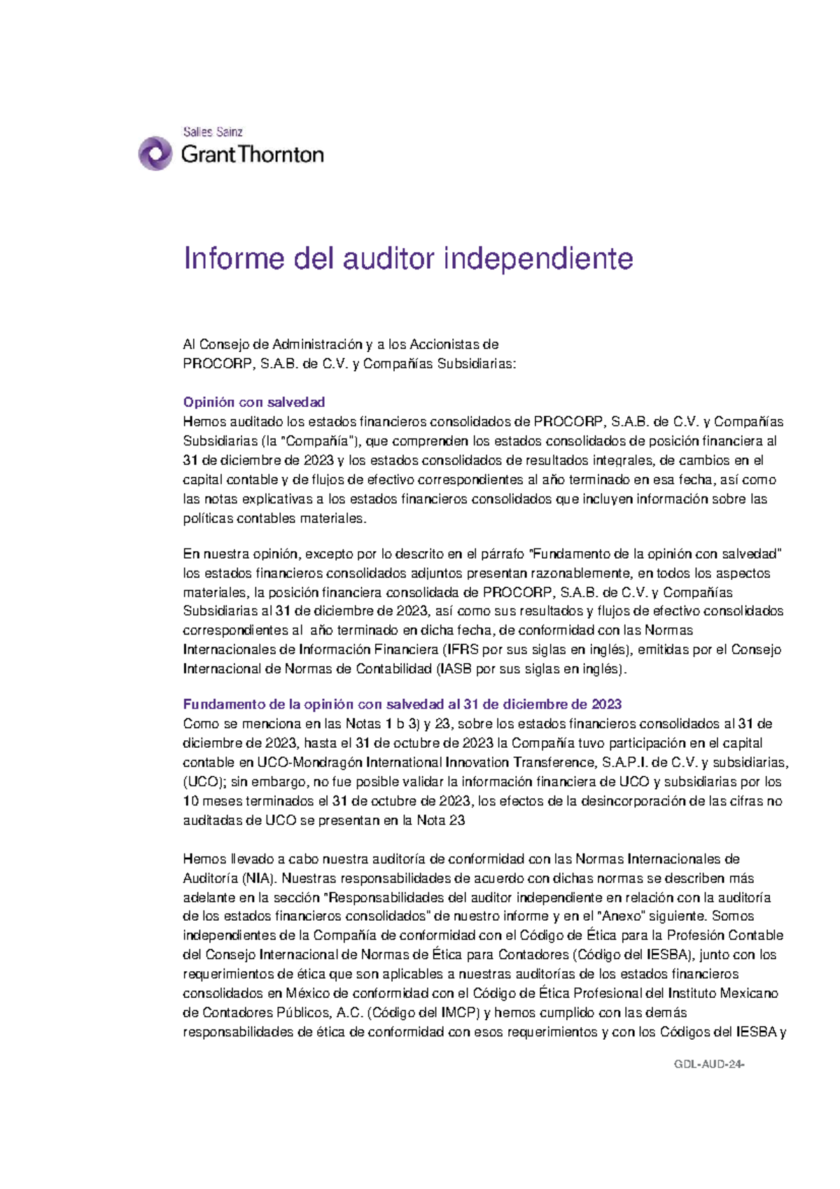 Informe de Auditoría Independiente de PROCORP, S.A.B. de C.V. - NIA 2023 - Studocu