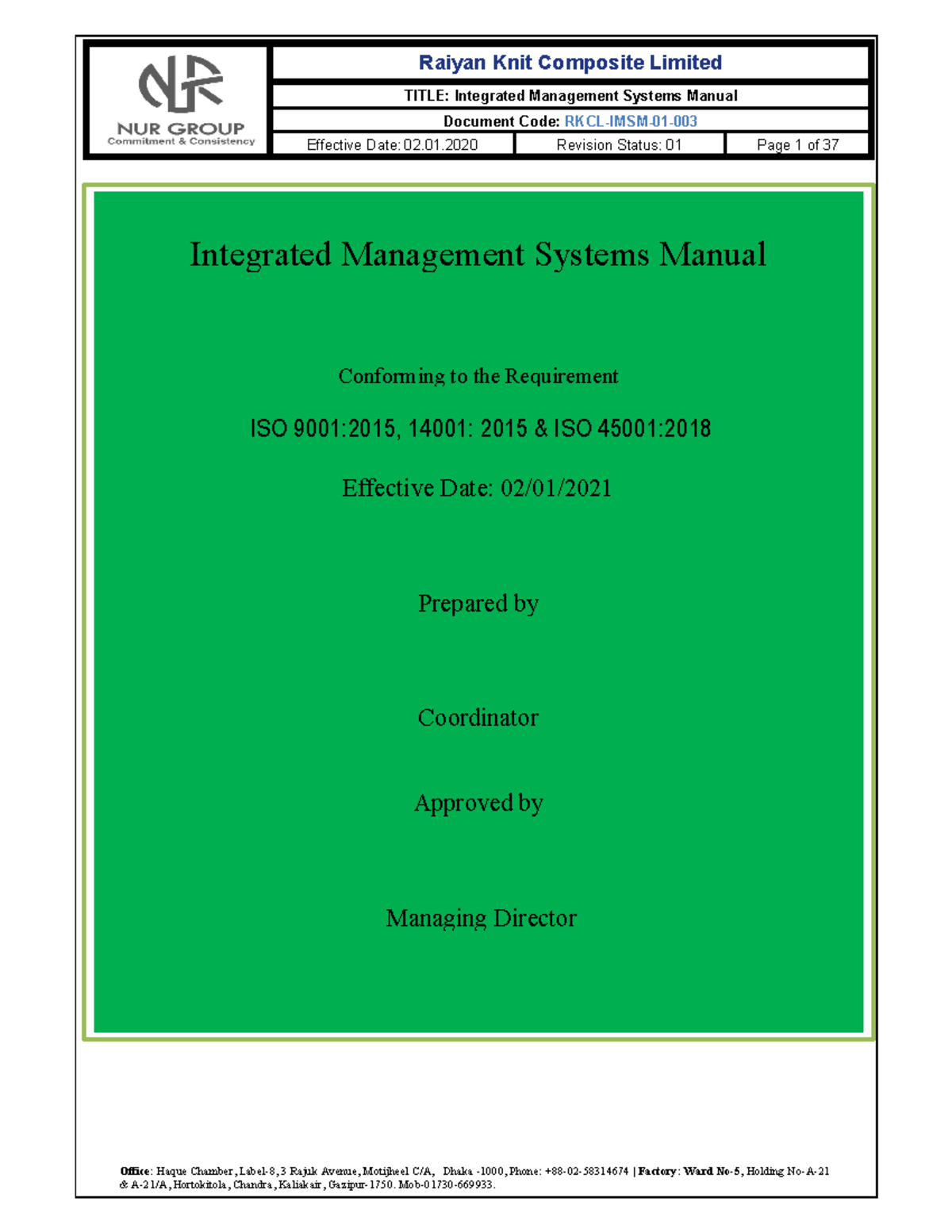 RKCL IM 01 003 Integrated Management Systems Manual Review - Studocu