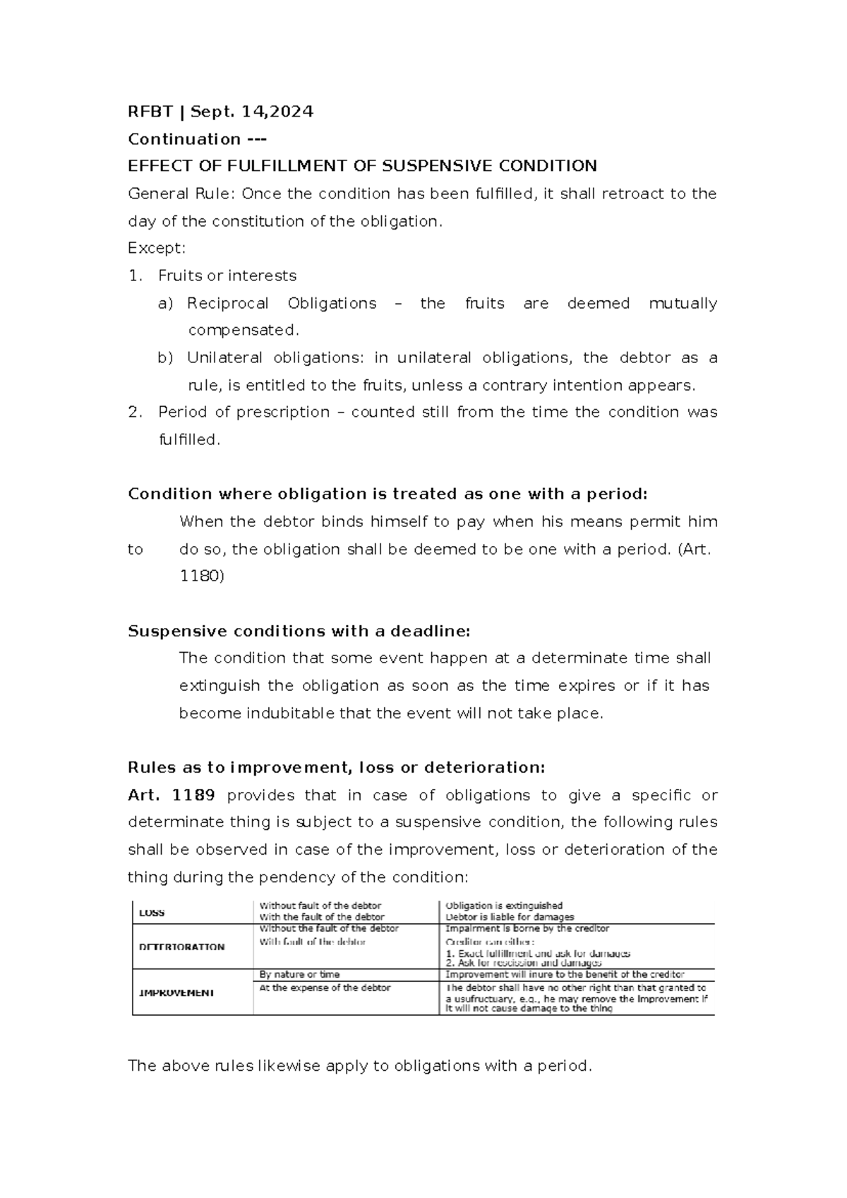 RFBT 09-14: Notes on Suspensive Conditions and Obligations - Studocu