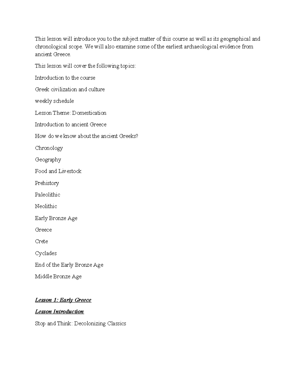 Notes 1 - Lesson: Introduction to Ancient Greece and Early ...