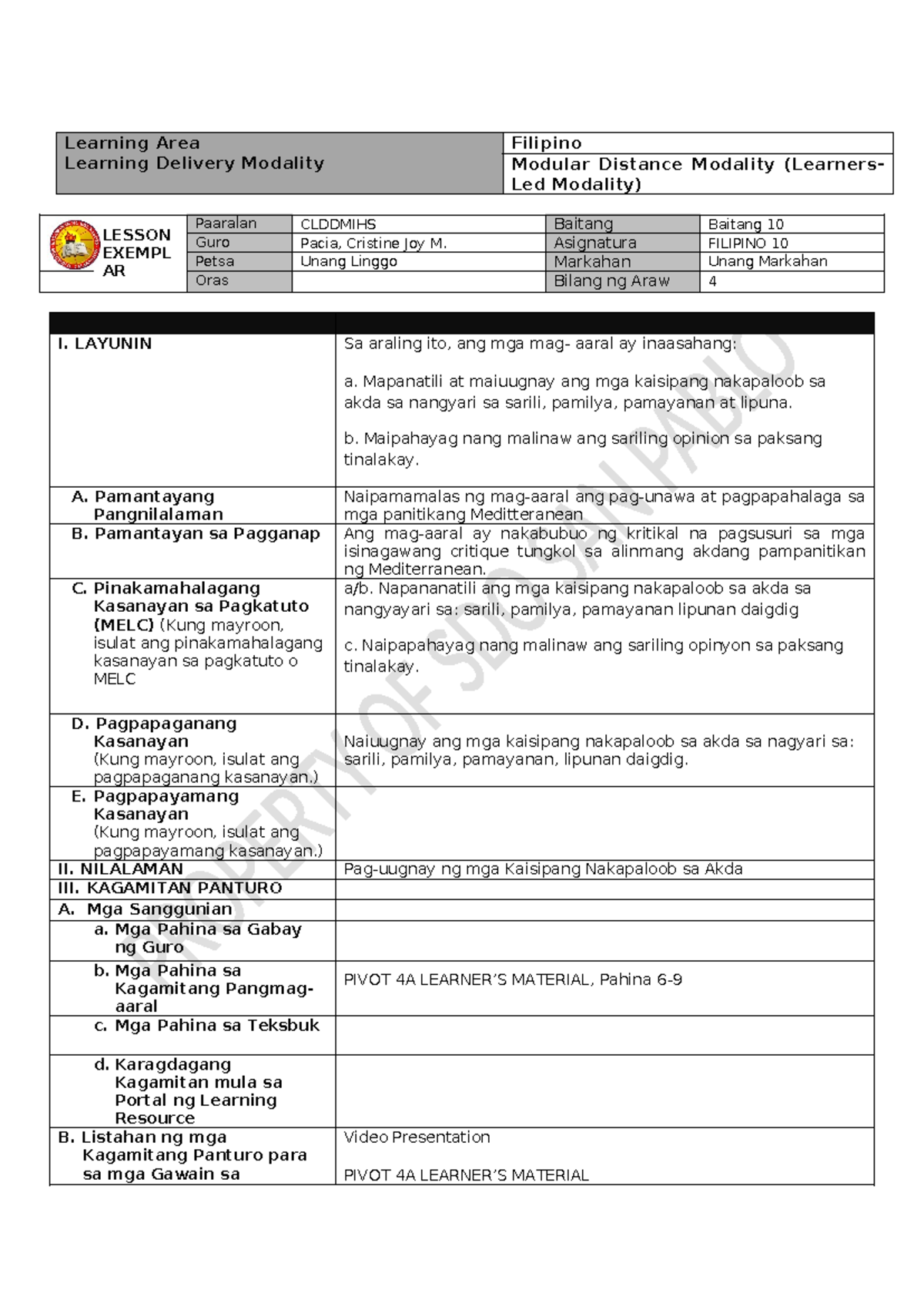 Q1 - Week 1 - Filipino 10 Lesson Plan on Learning Delivery Modality ...