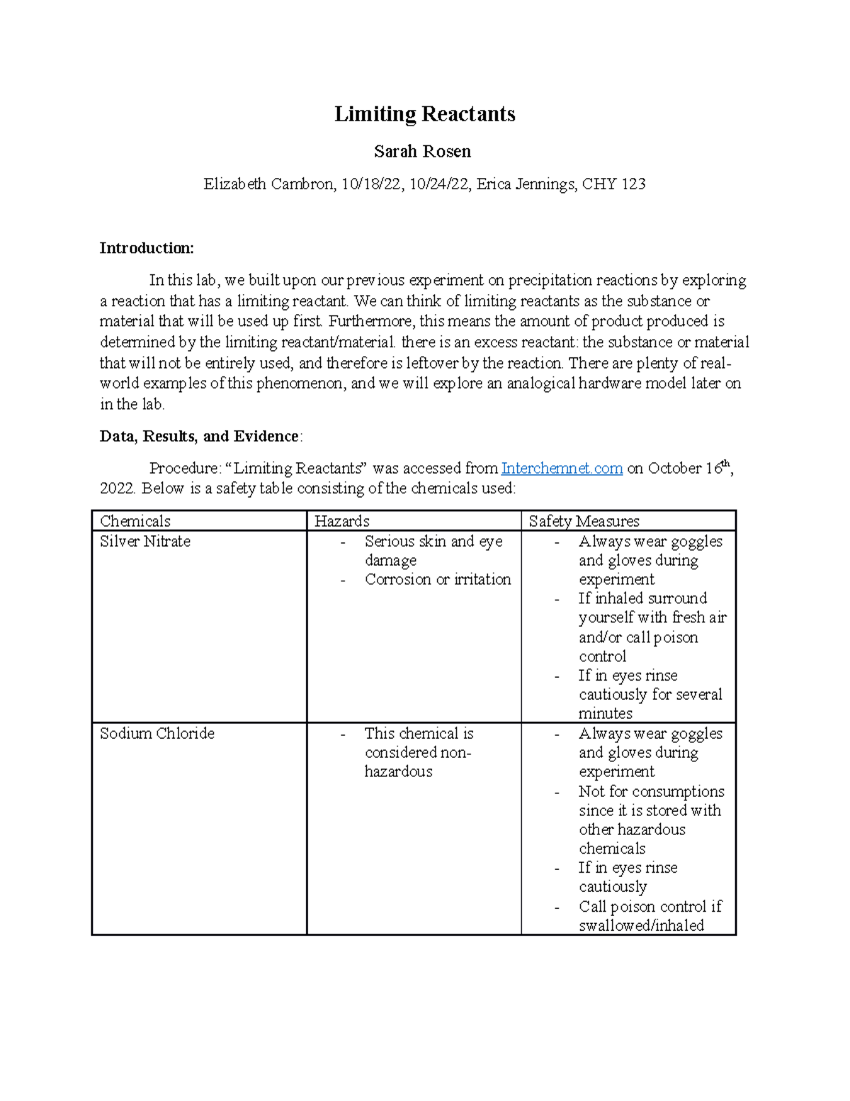 Lab Report on Limiting Reactants - CHY 123 - Studocu
