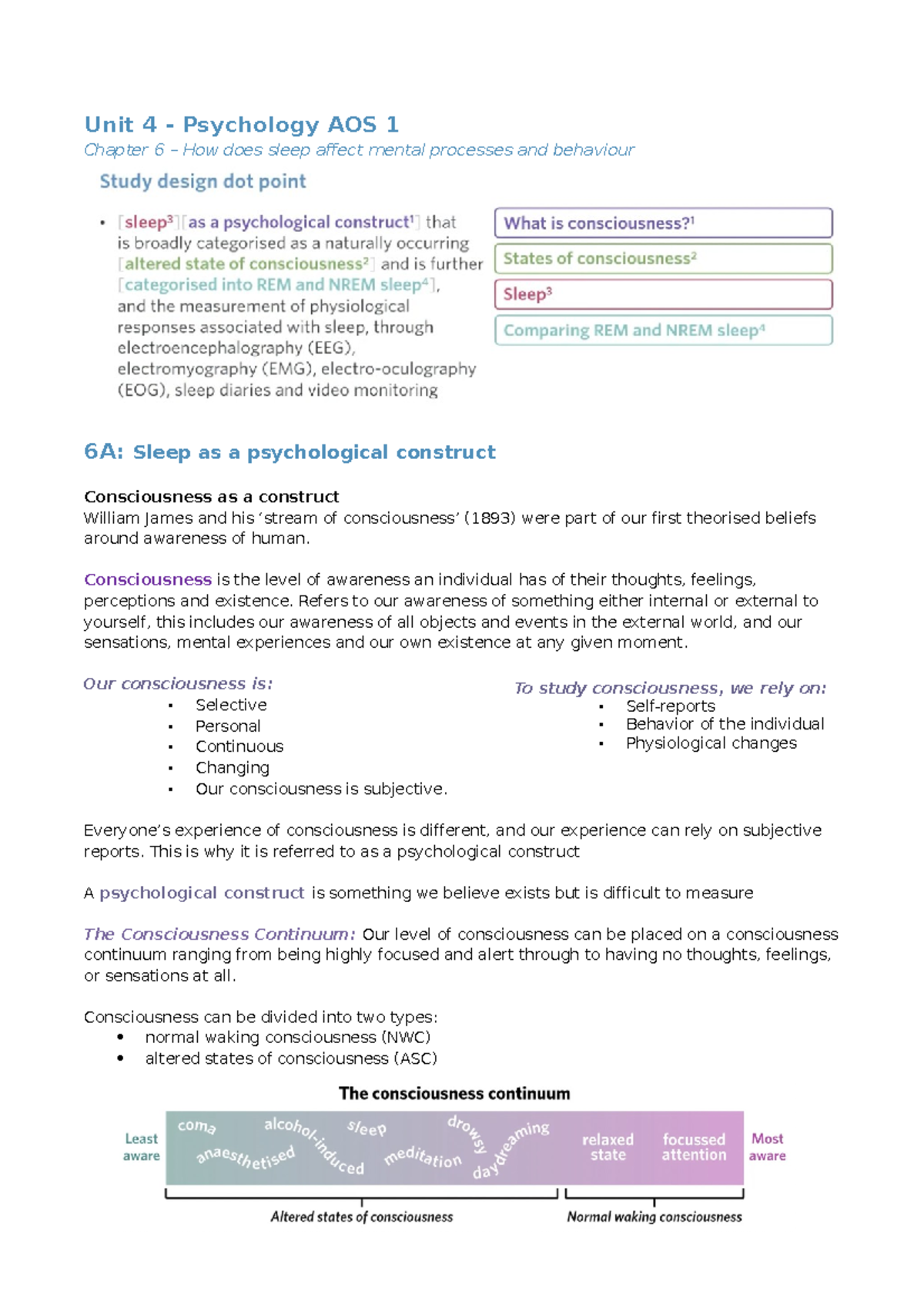 Unit 4 AOS 1 Psychology: Sleep, Consciousness & Measurement Notes - Studocu