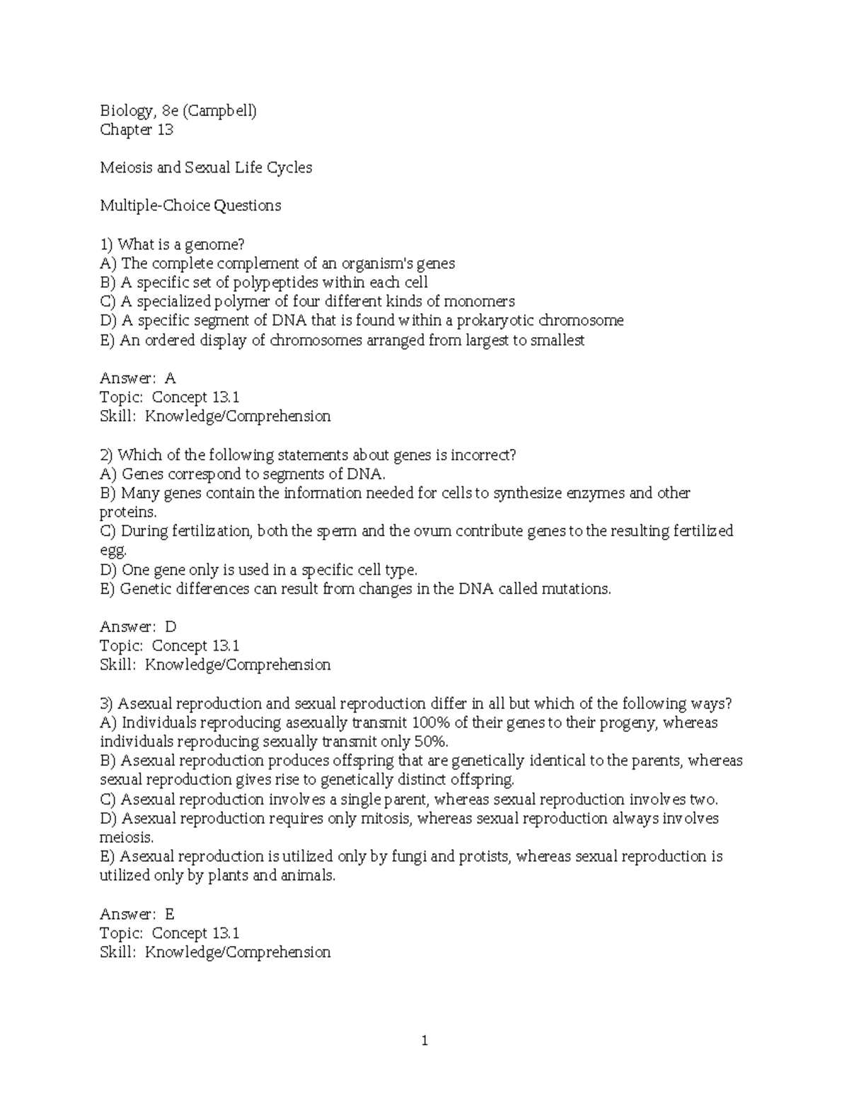 Biology 8e: Chapter 13 - Meiosis & Mitosis Quiz Questions and Answers ...