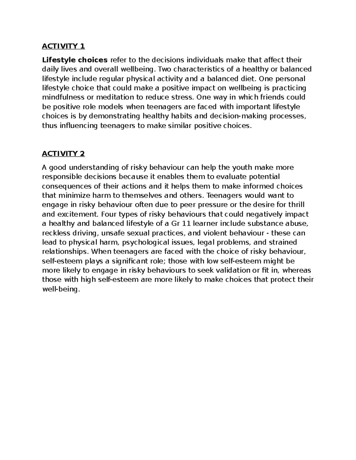 ACTIVITY 1 & 2: Lifestyle Choices and Risky Behaviors - GEO 101 - Studocu