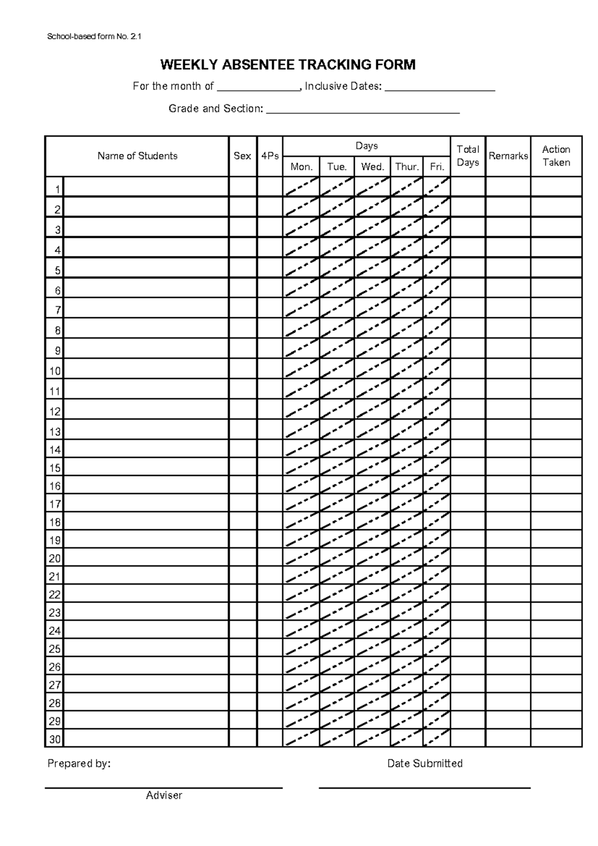 Weekly Absentee Form - Tracking form for absence - School-based form No ...