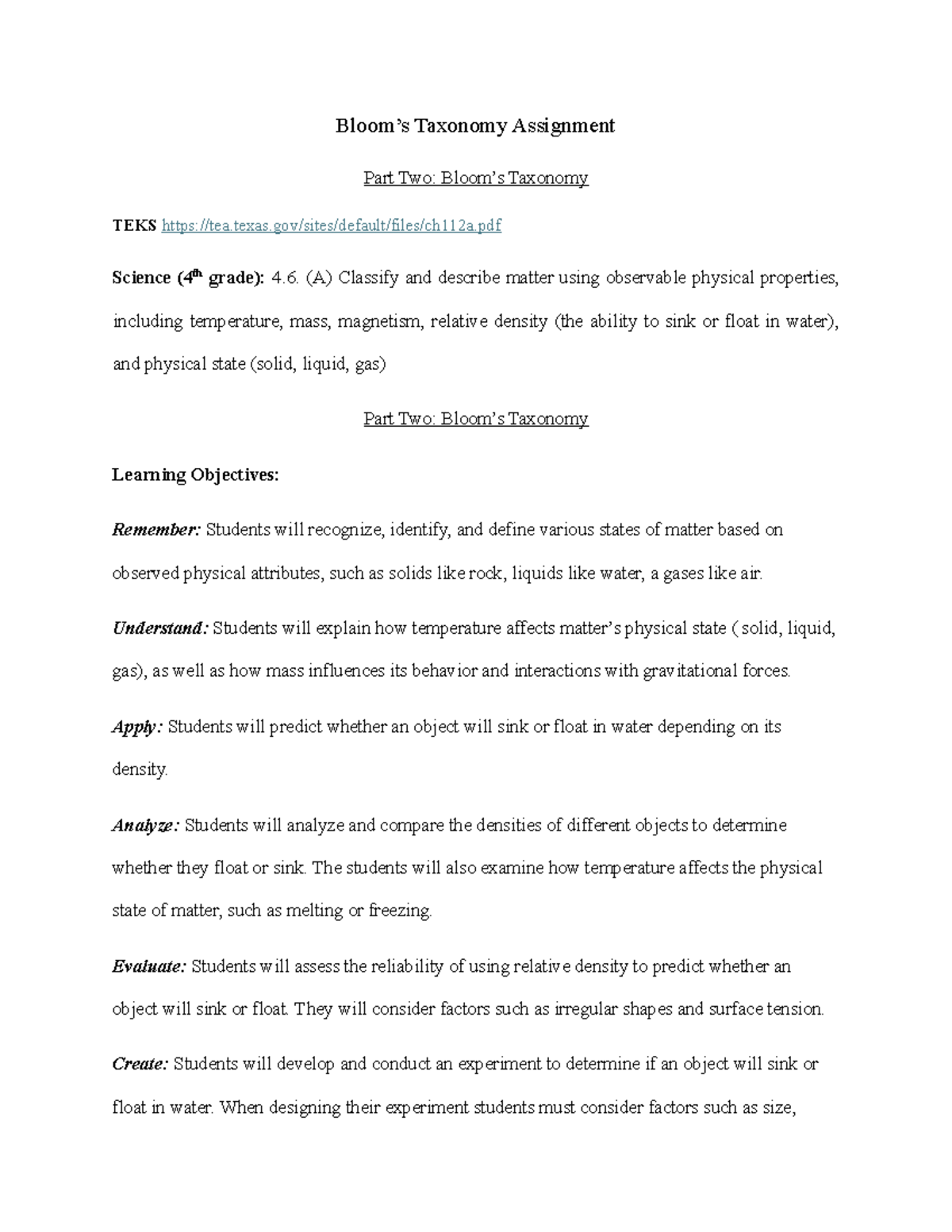 Bloom’s Taxonomy Assignment: Analyzing States of Matter in 4th Grade ...