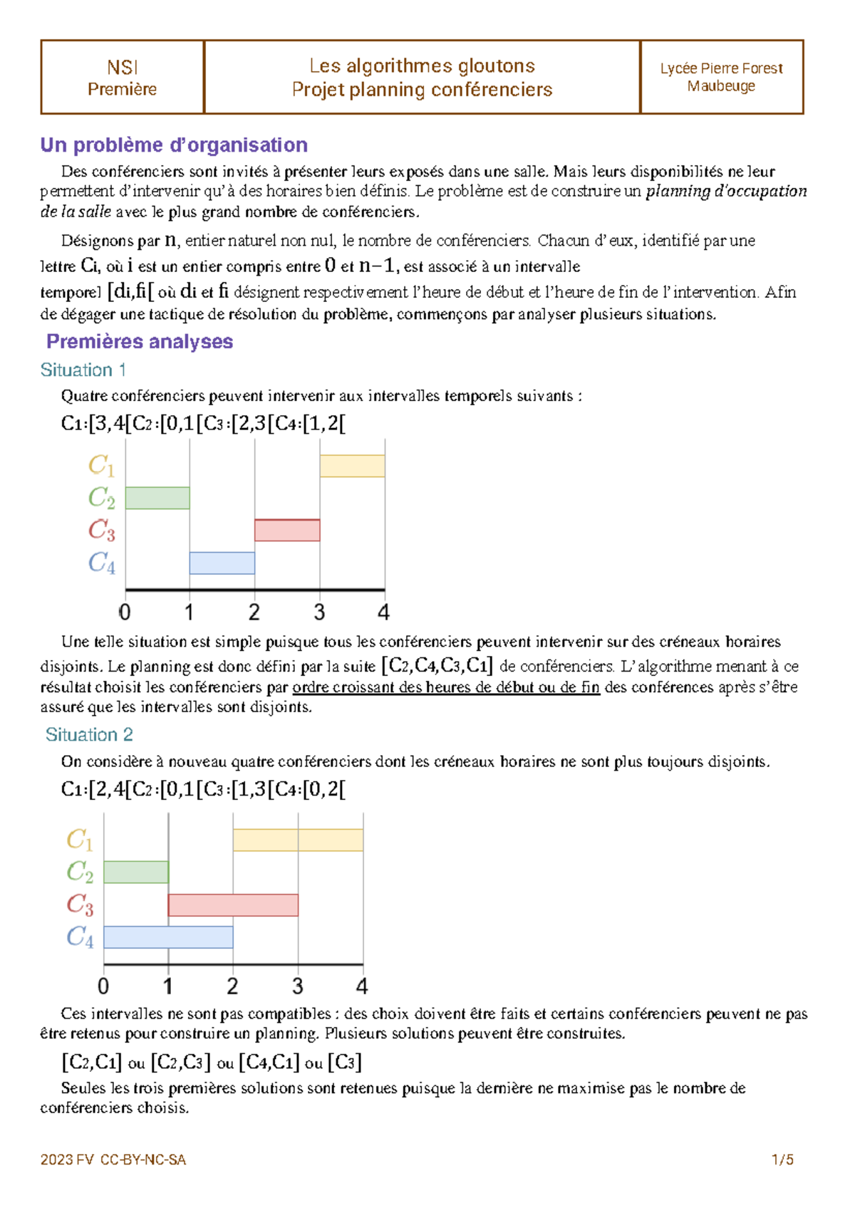 Projet les algorithmes gloutons - NSI Première Projet planning conférenciers Lycée Pierre Forest ...