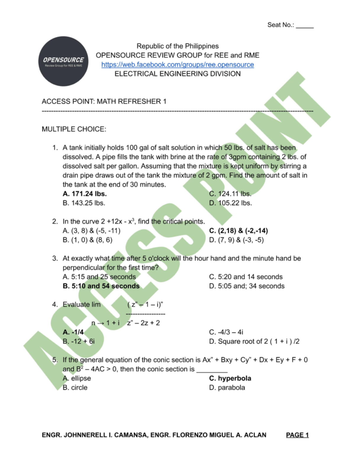MATH Refresher 1 - goods - Seat No.: Republic of the Philippines ...