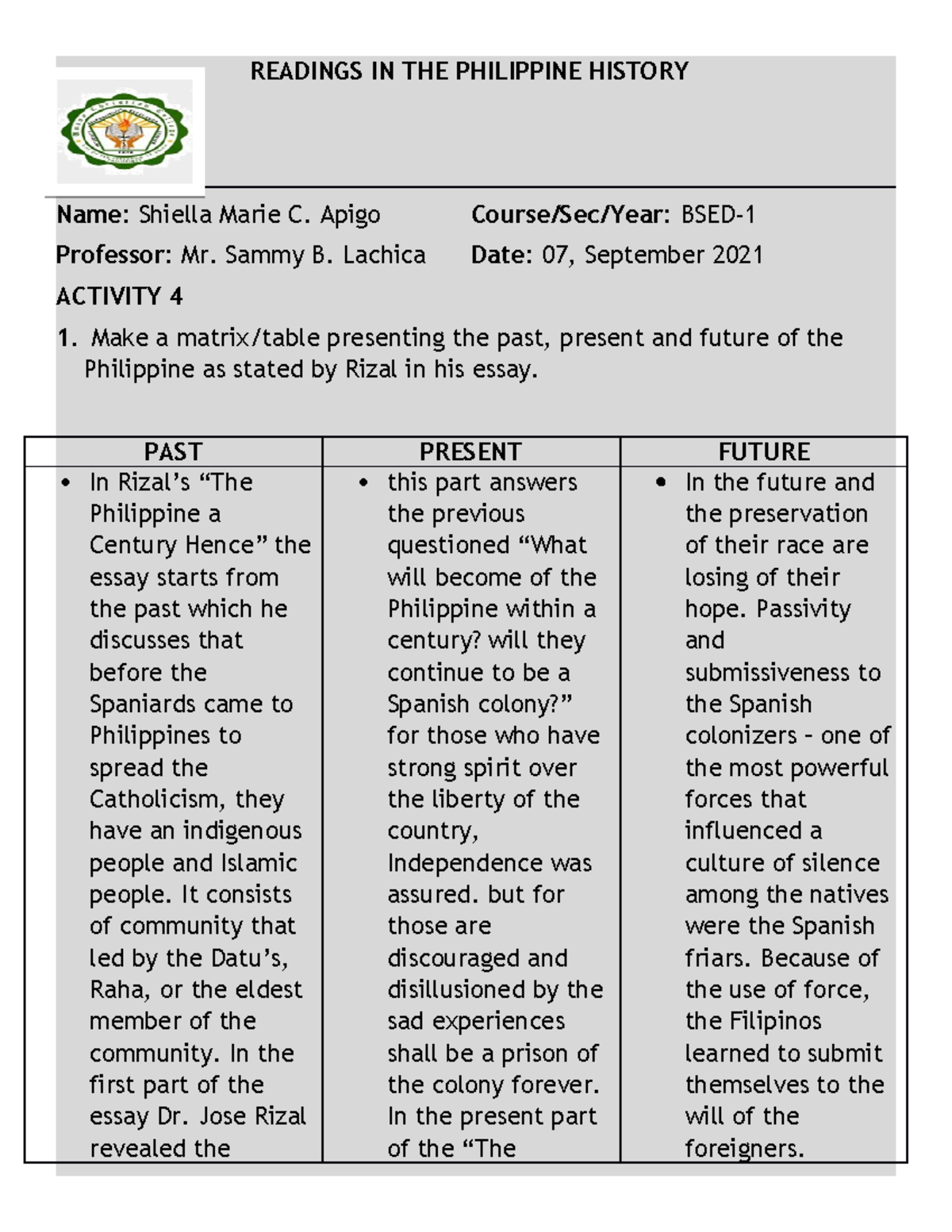 Readings IN THE Philippine History Activity 4 - READINGS IN THE ...