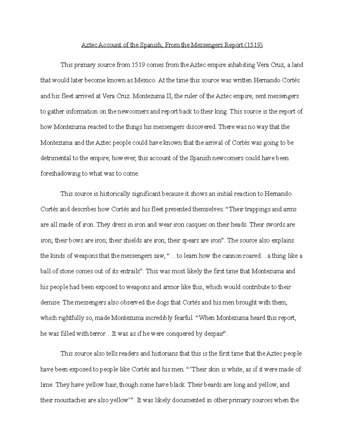 Primary Source Analysis 1 - Aztec Account of the Spanish, From the ...