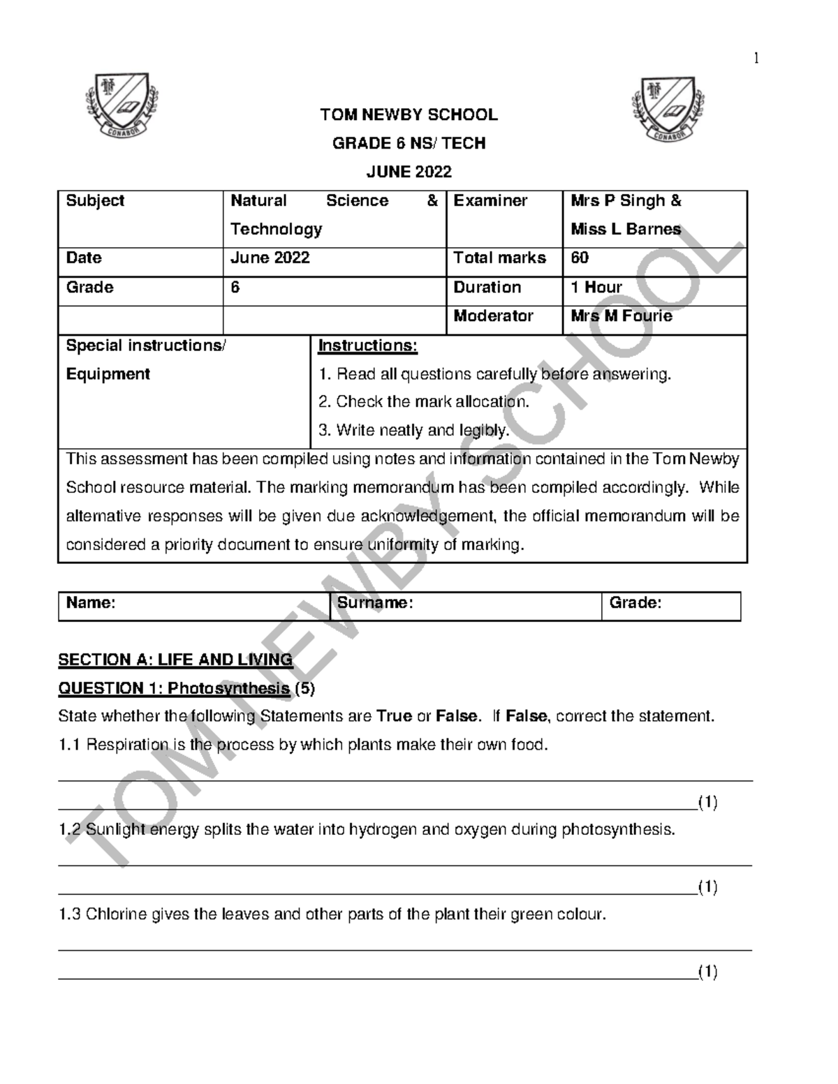 Grade 6 NS/Tech Exam Paper - June 2022 Assessments - Studocu