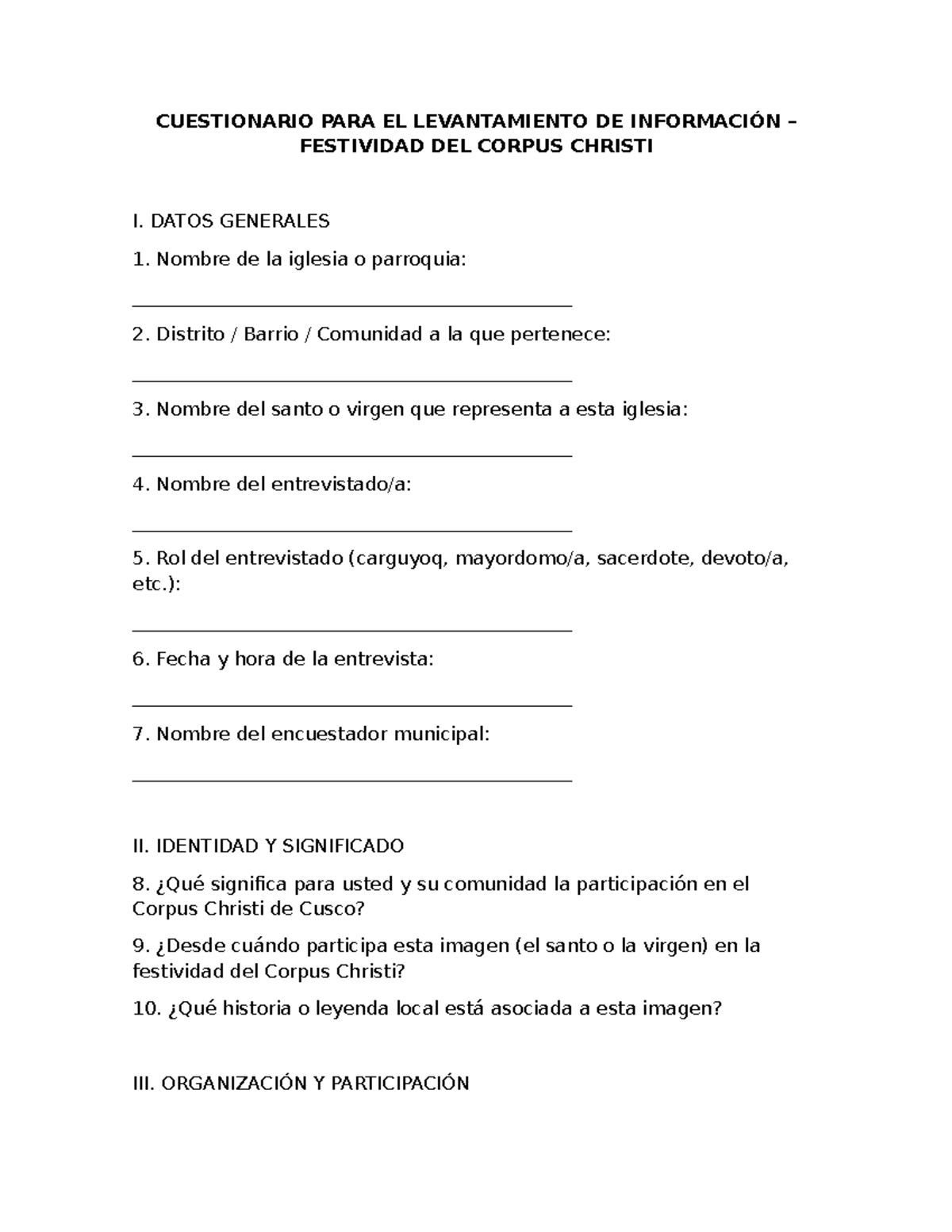 CUESTIONARIO PARA EL LEVANTAMIENTO DE INFORMACIÓN: CORPUS CHRISTI - Studocu