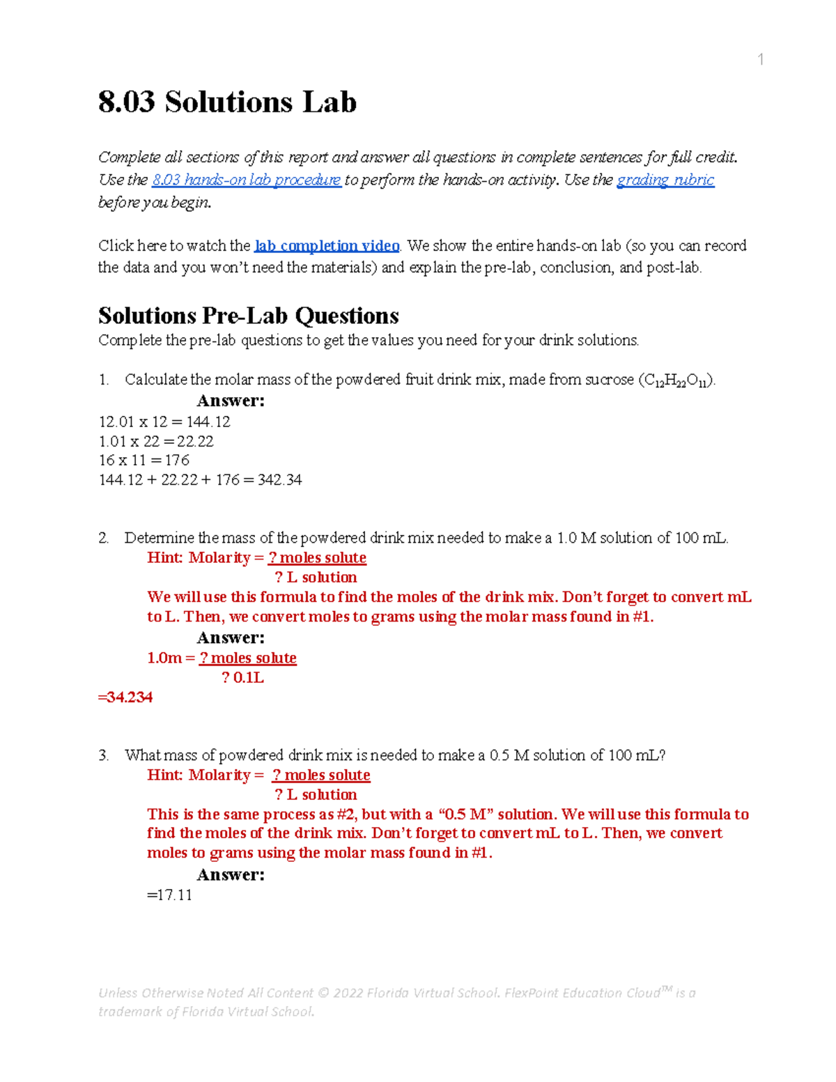 Chemistry 8.03 Solutions Lab Report and Calculations - Studocu