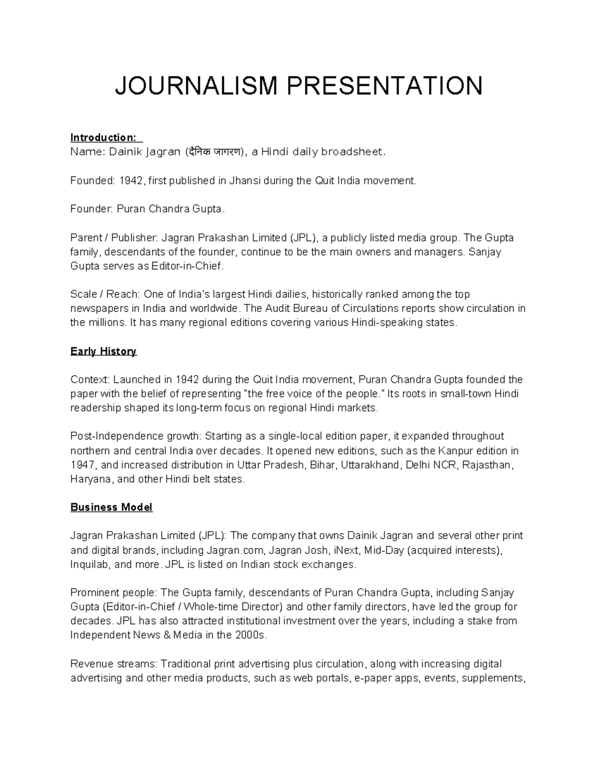 JOURNALISM PRESENTATION: Dainik Jagran's Impact & History - Studocu