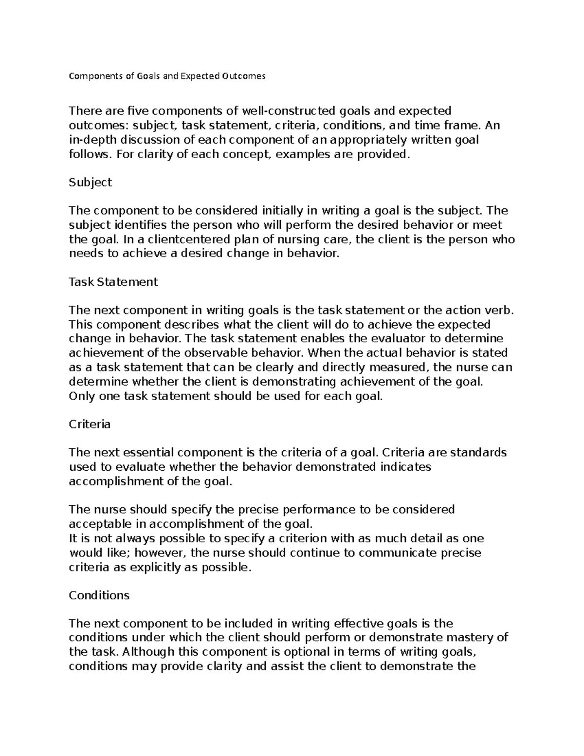 Nursing Process: Components of Goals & Expected Outcomes Analysis - Studocu