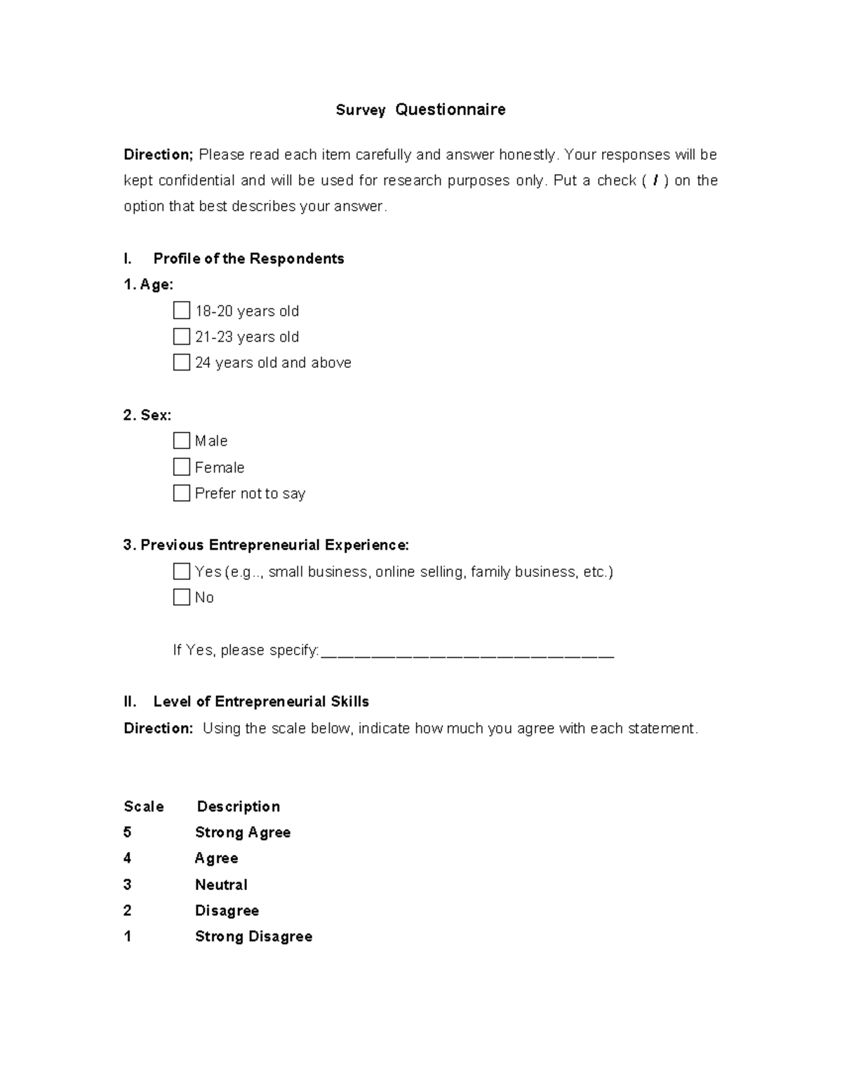 Entrepreneurial Skills Survey Questionnaire - Studocu