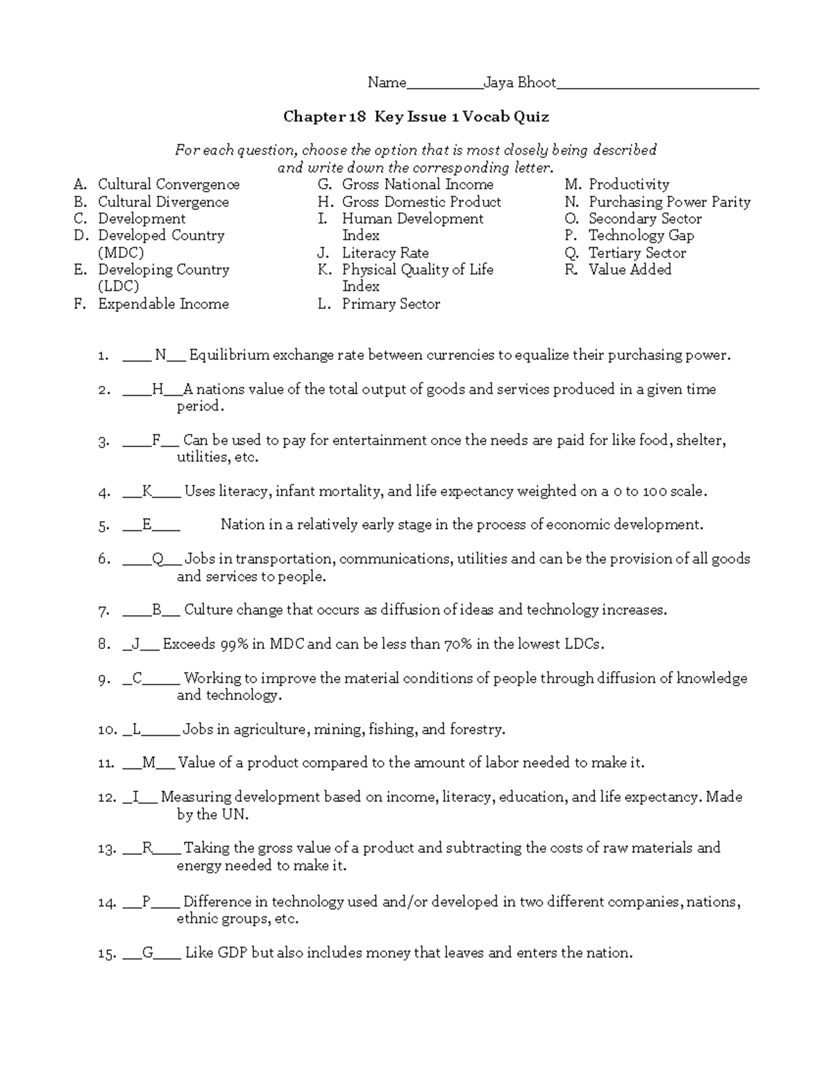 Ch. 18 Vocab Quiz: Key Issues in Cultural and Economic Development ...