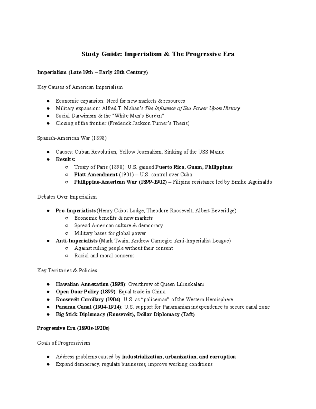 Study Guide Imperialism & The Progressive Era - Mahan’s The Influence ...