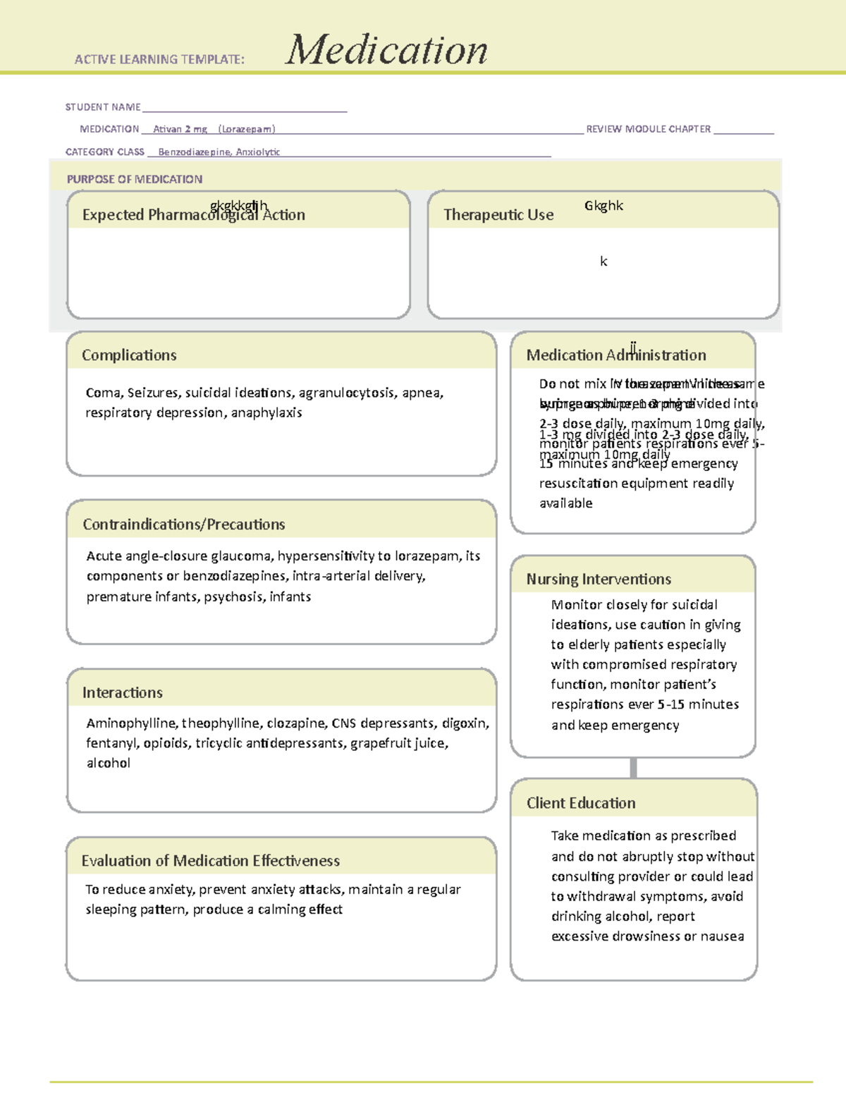 Ativan Medication Template - ACTIVE LEARNING TEMPLATE: Medication ...