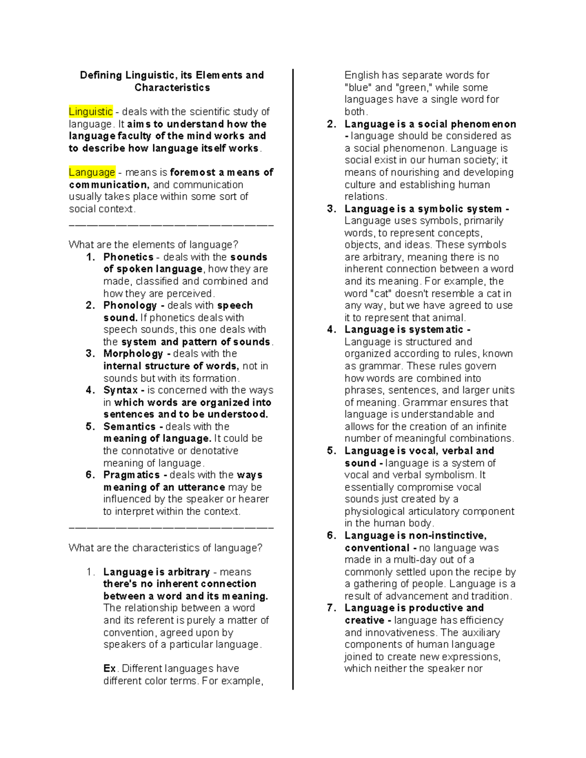 Linguistic Elements and Characteristics: A Comprehensive Review (LNG 101) - Studocu