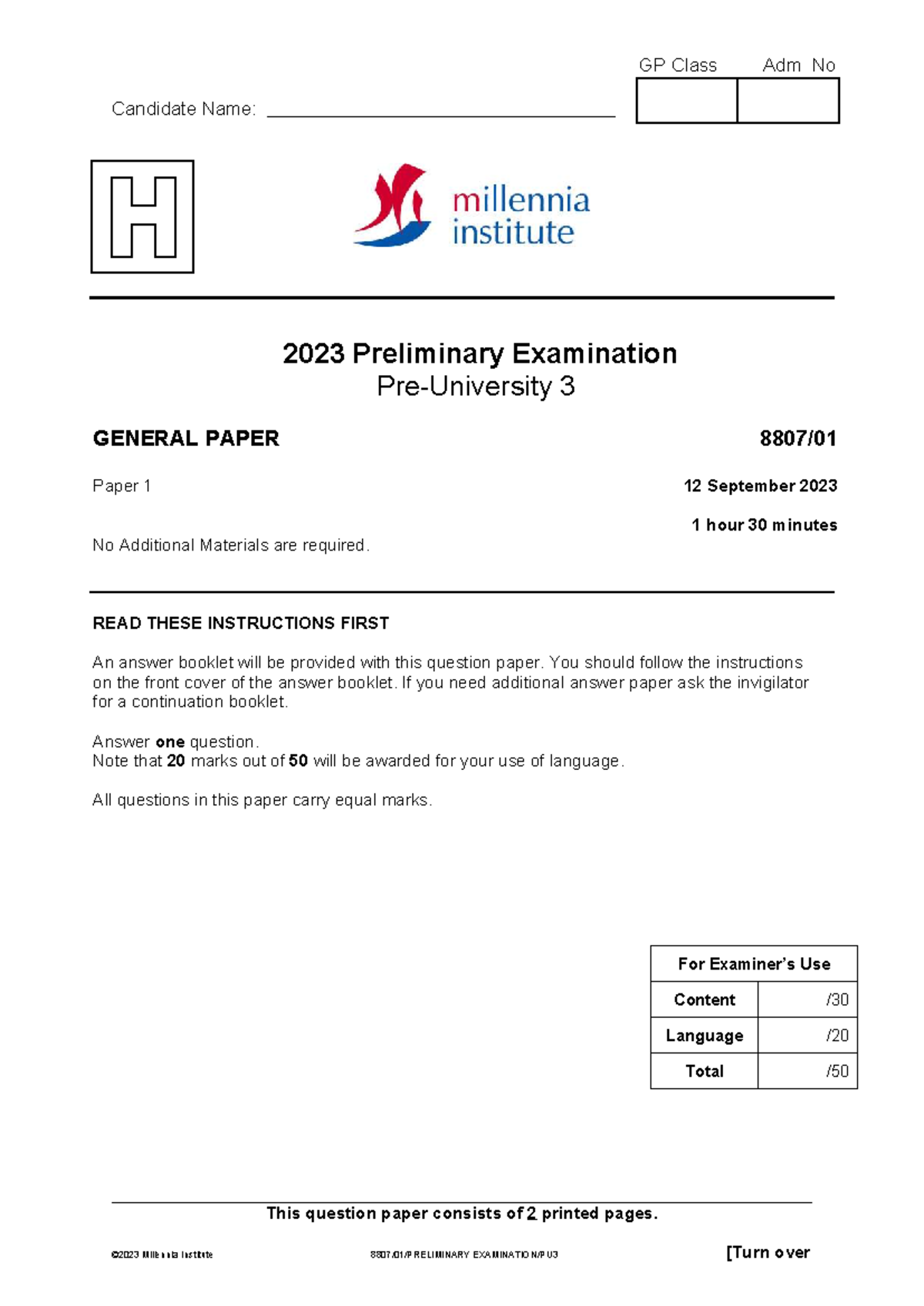 2023 MI Prelim Exam QP: H1 General Paper 8807 01 - Studocu