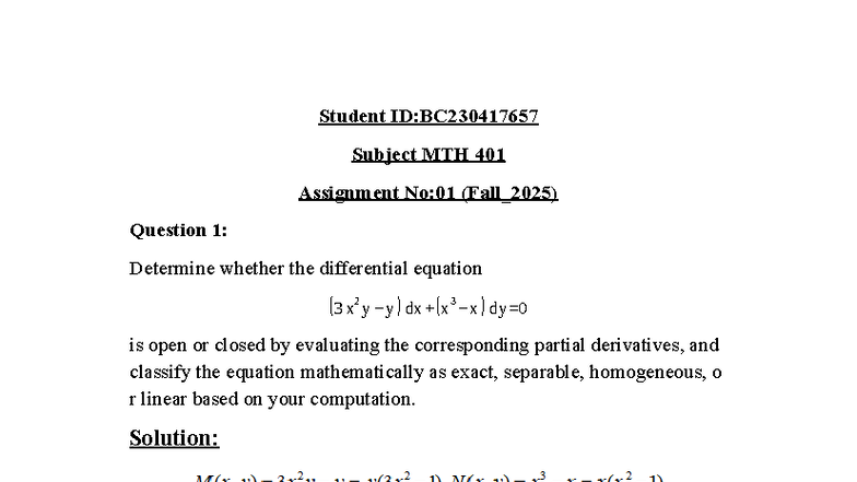 MTH 401 Assignment Solution fall 2025 - Student ID:BC Subject MTH 401 Assignment No:01 (Fall ...