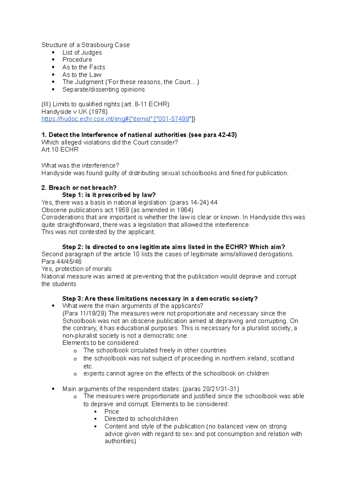 Handyside v UK Case Summary: Key Points for ECHR Analysis - Studeersnel