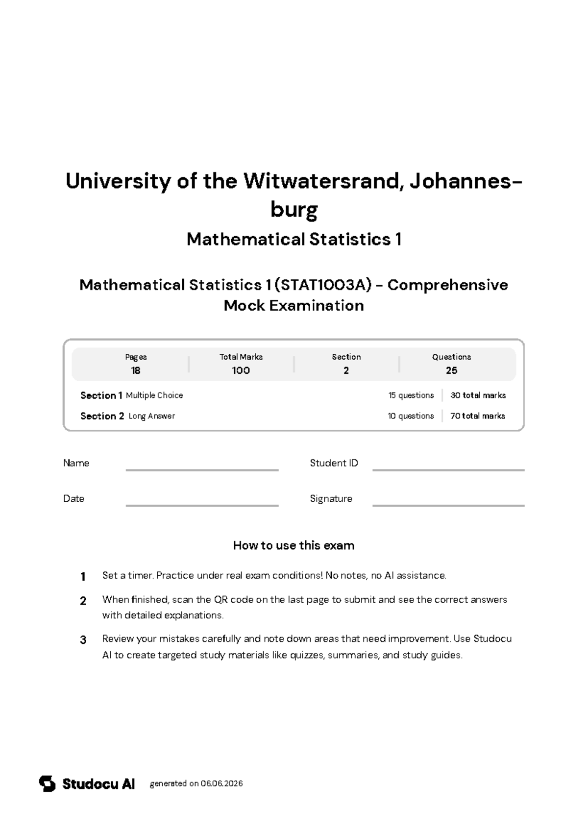 STAT1003A - Comprehensive Mock Exam in Mathematical Statistics - Studocu
