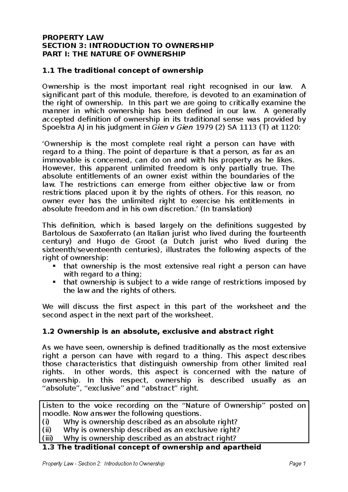 Worksheet 3: Intro to Ownership Concepts (Property Law) - Studocu
