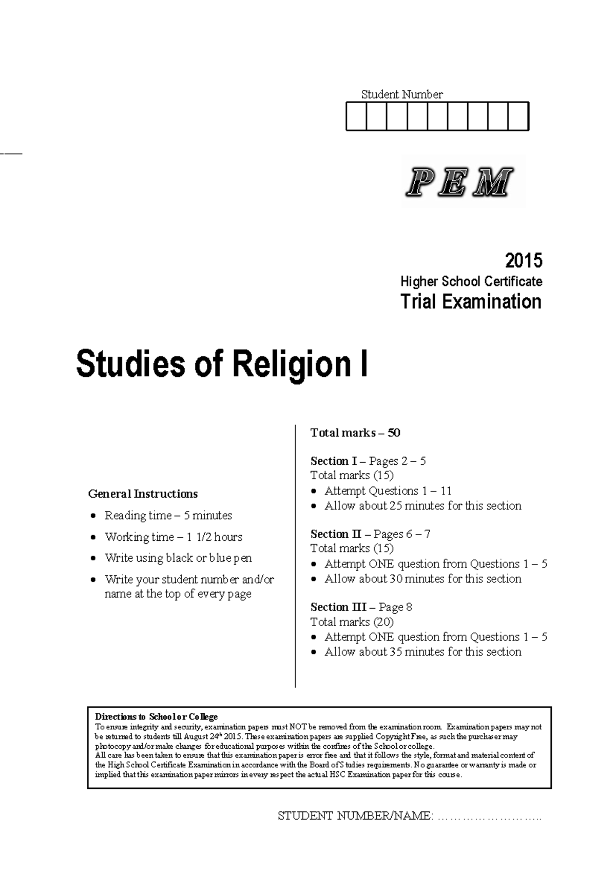HSC Trial Exam 2016: Studies of Religion II Multiple Choice Questions ...