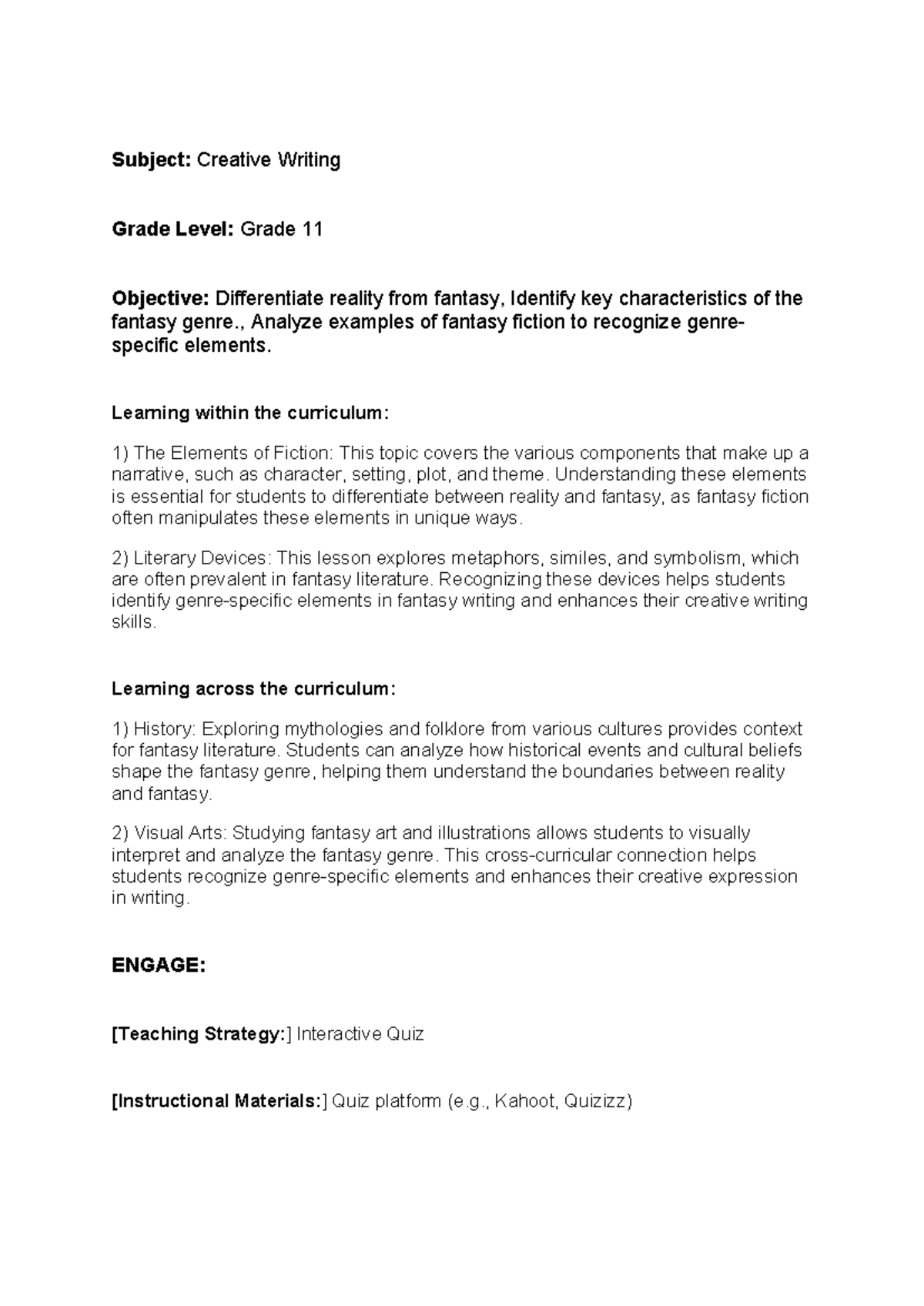 Lesson plan - None. - Subject: Creative Writing Grade Level: Grade 11 ...