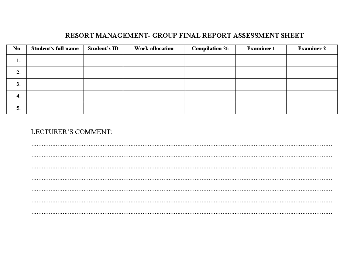 Evaluation Criteria for Resort Management Group Final Report (Course ...