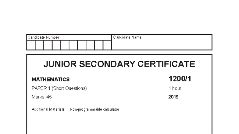 JSC 2019 Mathematics Paper 1: Instructions & Info for Candidates - Studocu