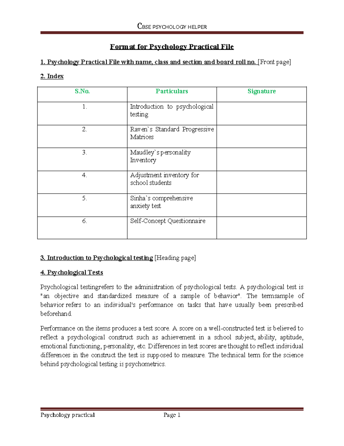CBSE PSYCHOLOGY HELPER: Practical File for Class XII Psychology - Studocu
