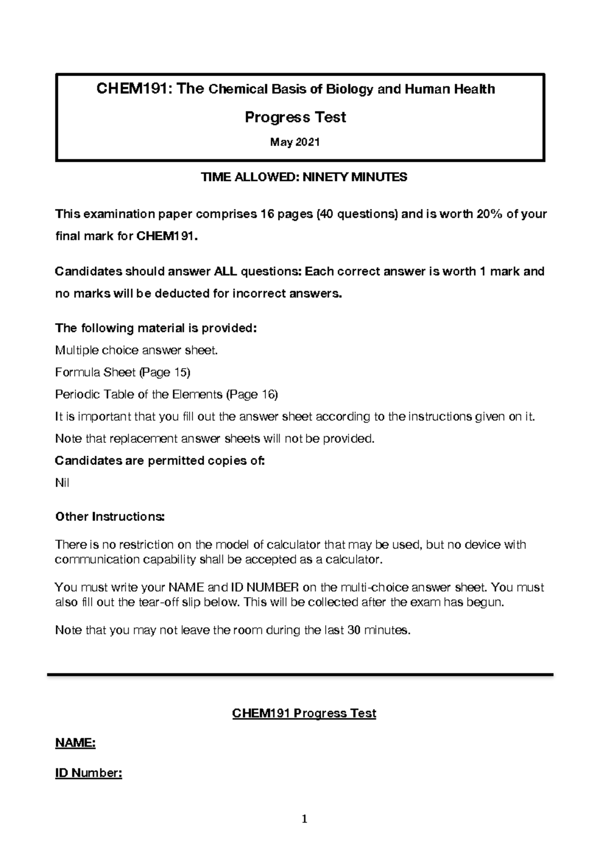 CHEM191 Progress Test - May 2021 - Studocu