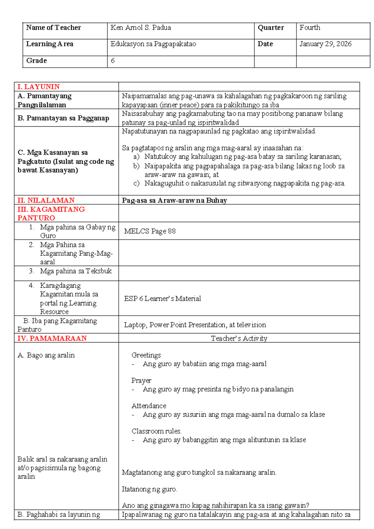 Gr 6 ESP Week 2 Day 1 Lesson Plan on Inner Peace and Resilience - Studocu