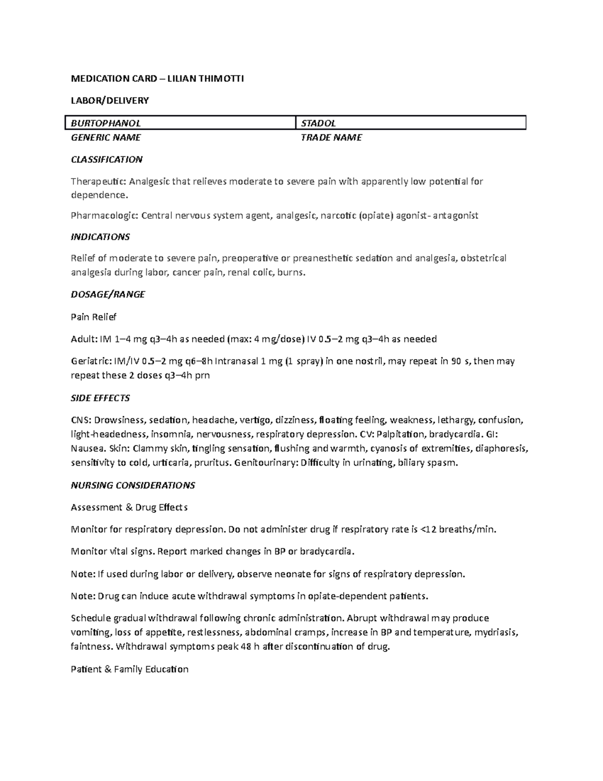 Butorphanol (Stadol) Medication Card - Pain Management Overview - Studocu