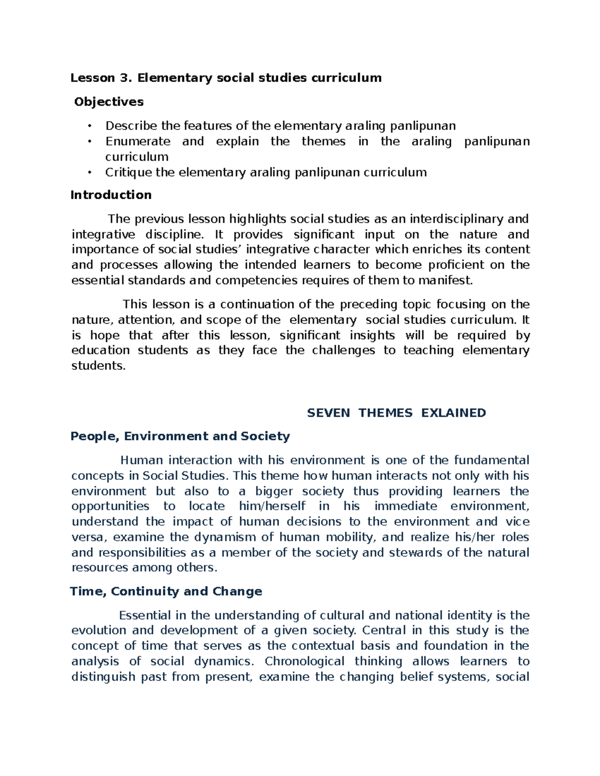Lesson 3: Objectives of the Elementary Social Studies Curriculum - Studocu
