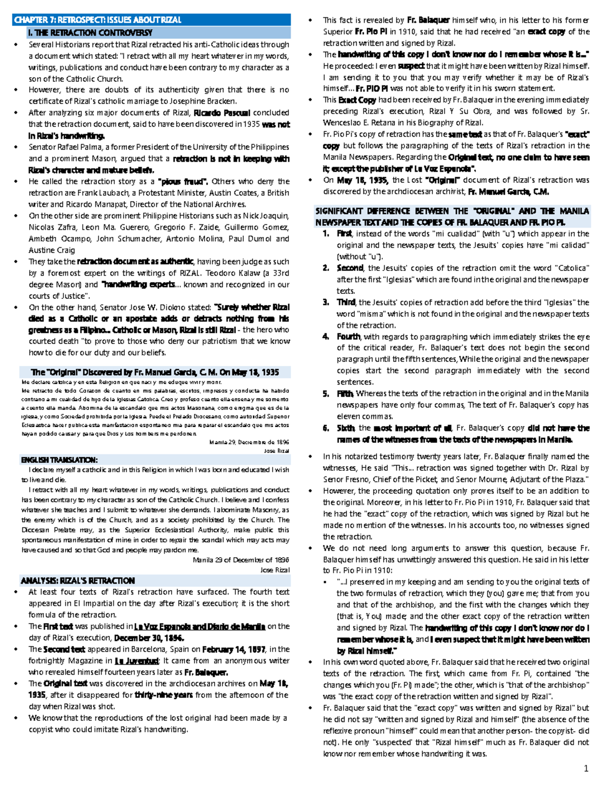 C7 Final Exam Study Guide: Key Issues on Rizal's Retraction - Studocu