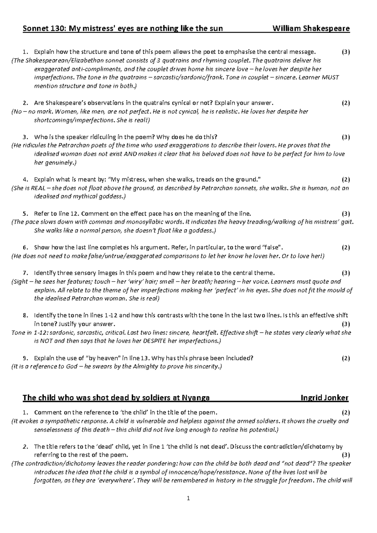 Poetry q and a 2023 - Sonnet 130: My mistress' eyes are nothing like ...