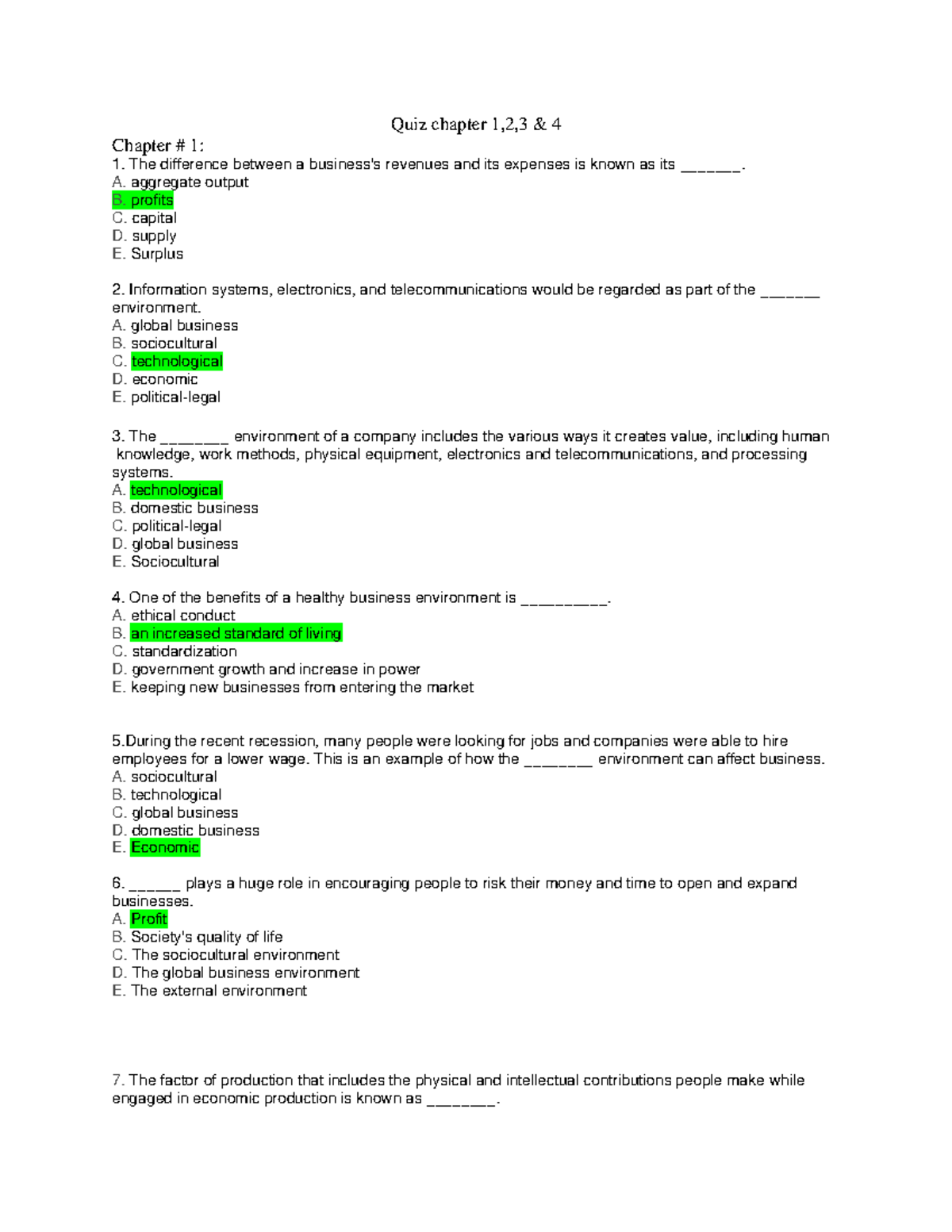Business Essentials, ch01 - Quiz chapter 1,2,3 & 4 Chapter # 1: The ...