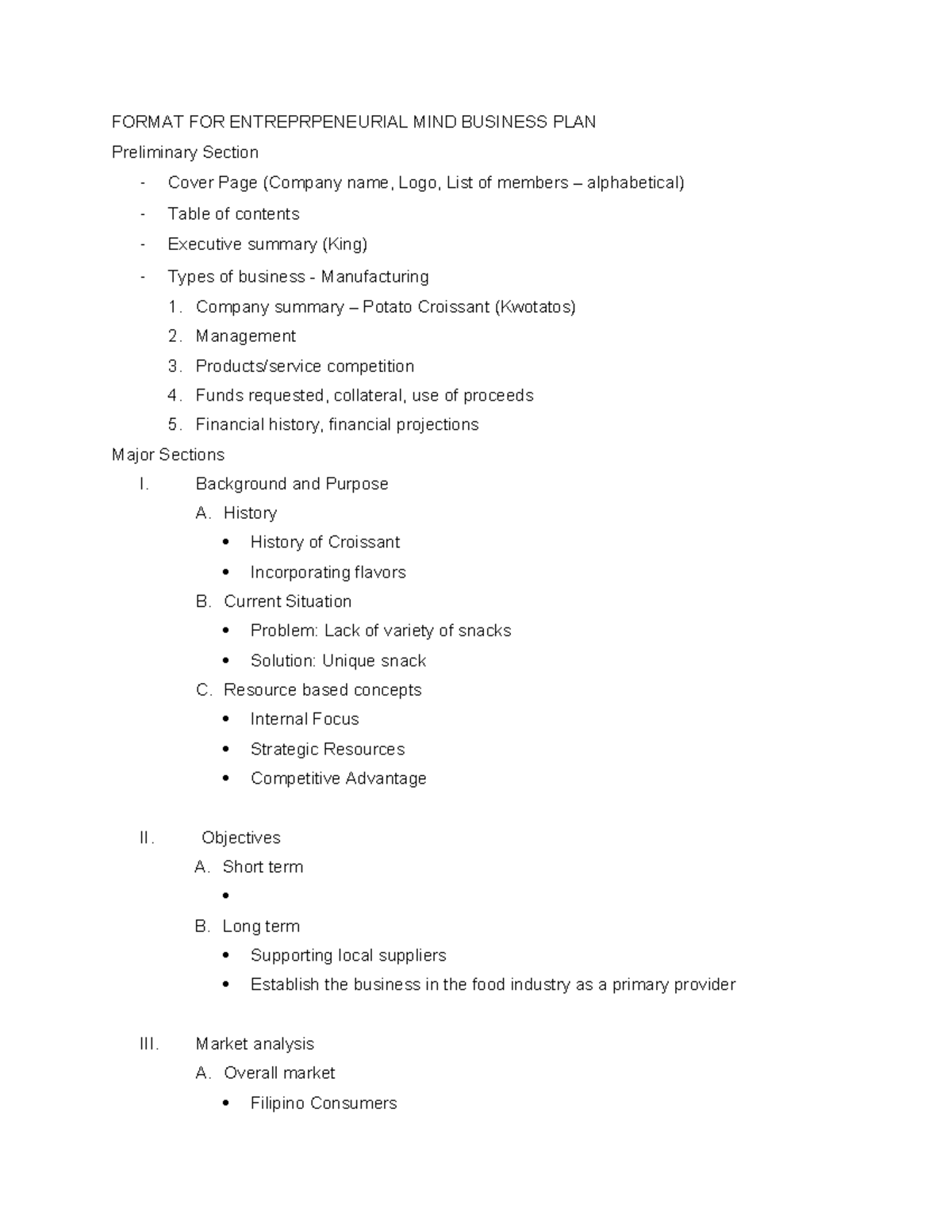 FORMAT FOR ENTREPRENEURIAL MIND BUSINESS PLAN (BUS 101) - Studocu