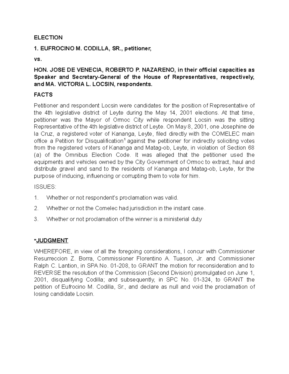 III Election - ELECTION 1. EUFROCINO M. CODILLA, SR., petitioner, vs ...