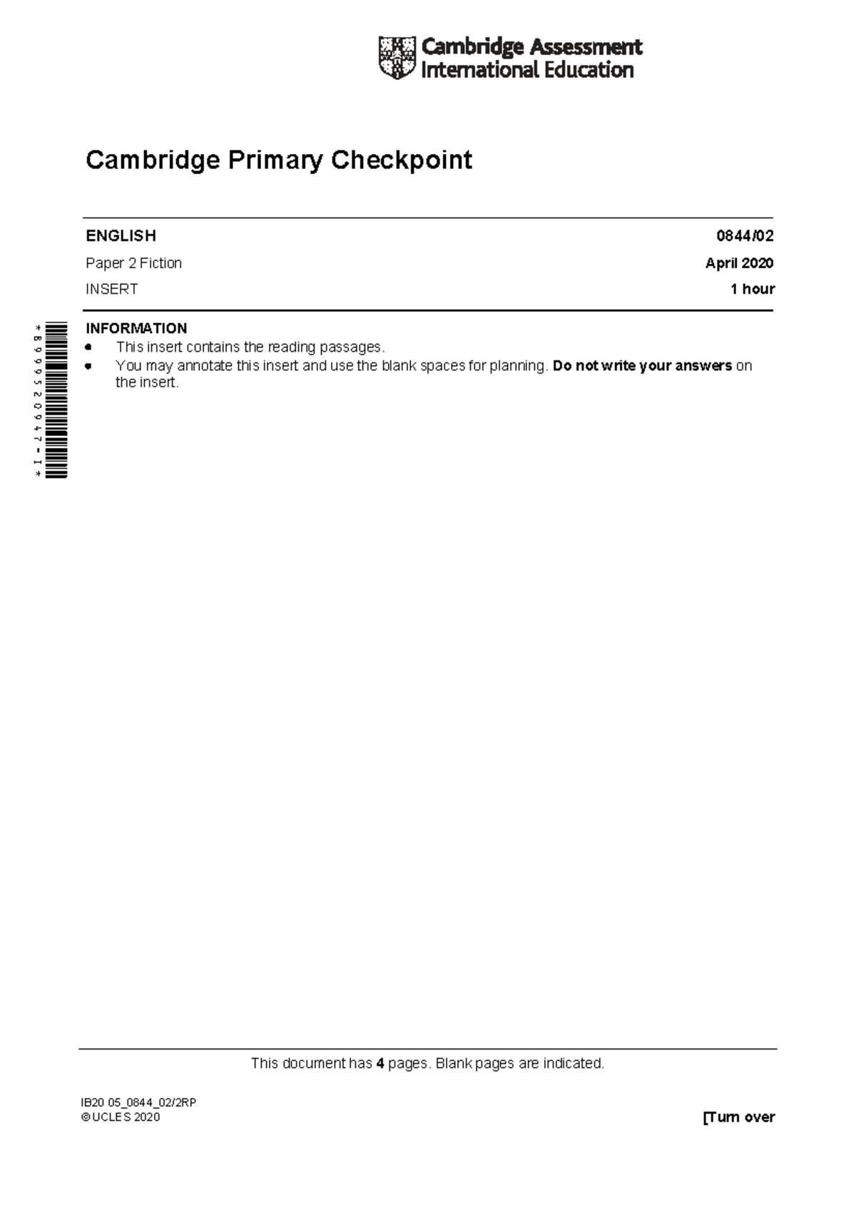 Cambridge Primary Checkpoint ENGLISH (0844) Paper 2 Insert April 2020 ...