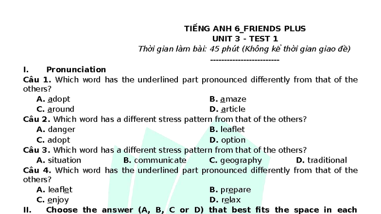 TIẾNG ANH 6_FRIENDS PLUS UNIT 3 TEST 1 - Pronunciation & Vocabulary ...