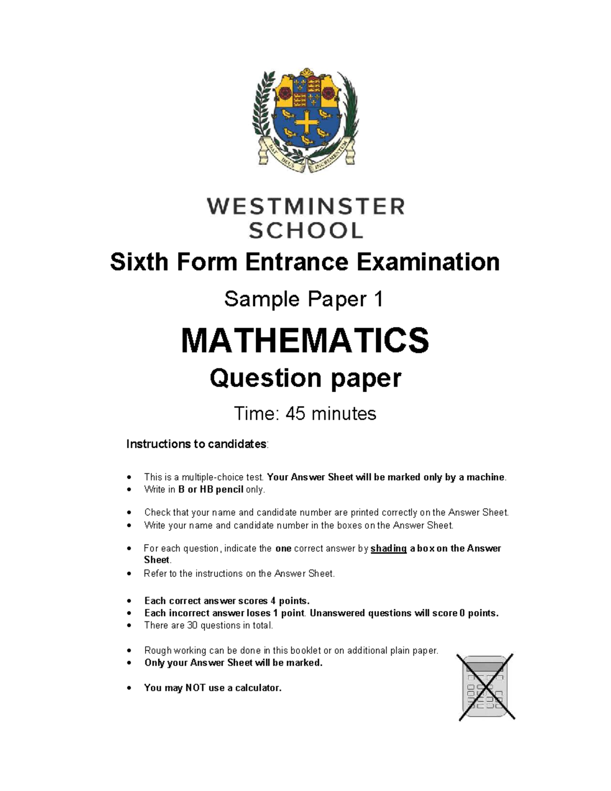Mathematics Sample Paper 1 for Sixth Form Entrance Exam - Studocu