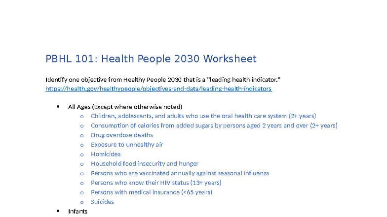 PBHL 101: Healthy People 2030 Worksheet on Health Objectives - Studocu
