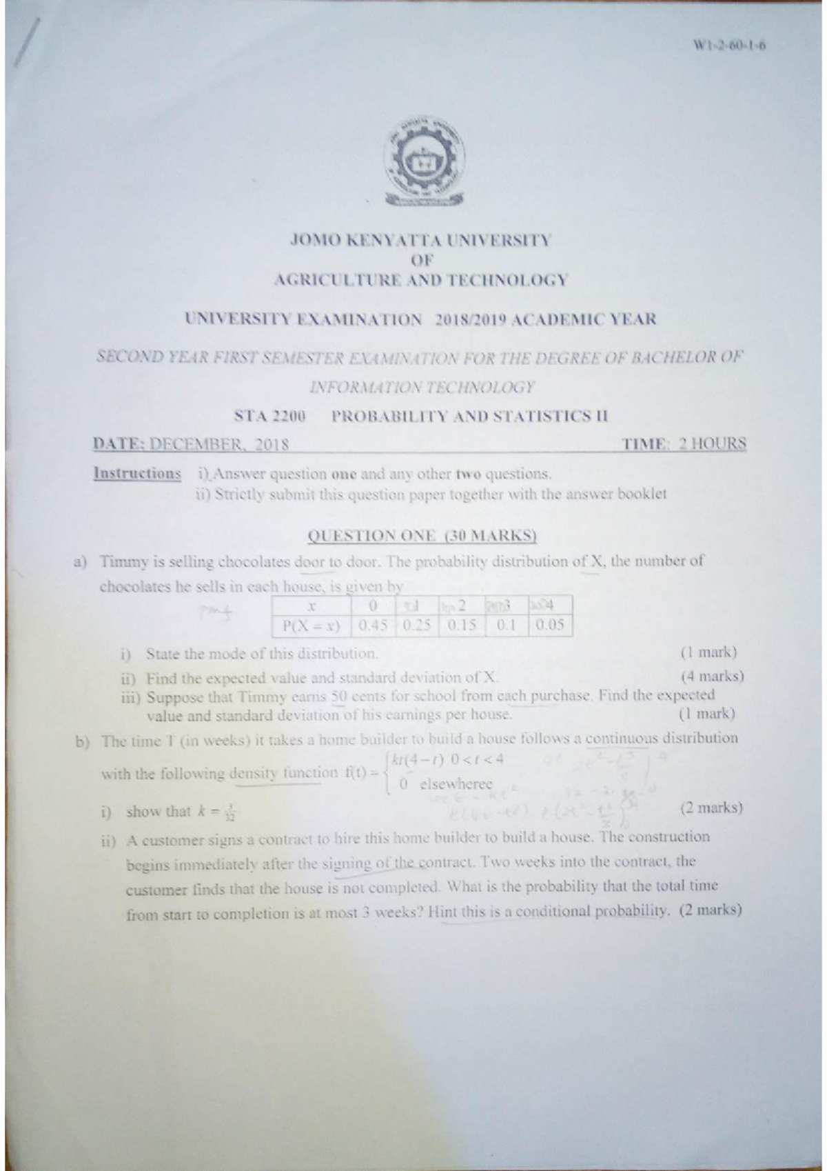 Sta 2200 Probability And Statistics Ii December 2018 Exam Paper Studocu