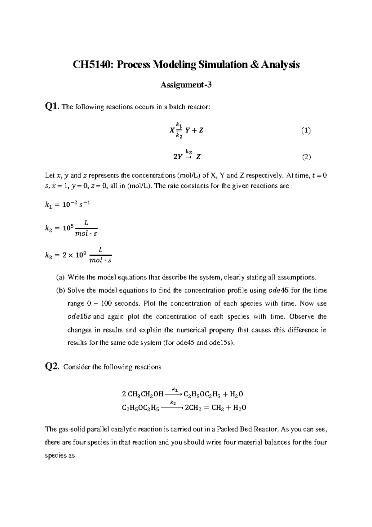 CH5140: Process Modeling Simulation Analysis Assignment 3 - Studocu